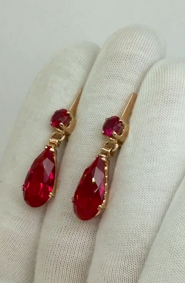 USSR Vintage Original Solid Rose Gold Ruby (lab. made) Earrings 583 14K ...