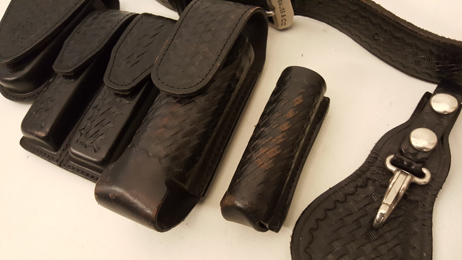 9 pc lot of Gould Goodrich leather holders dual mag handcuff mag light ...