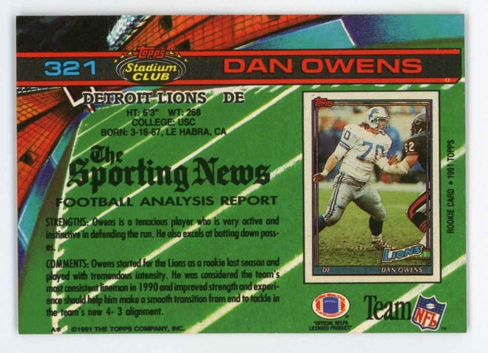1991 Stadium Club Football Card #321 Dan Owens | eBay