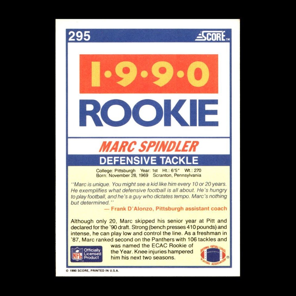 Marc Spindler 1990 Score Rookie Pittsburgh Panthers #295 Set Break GM ...
