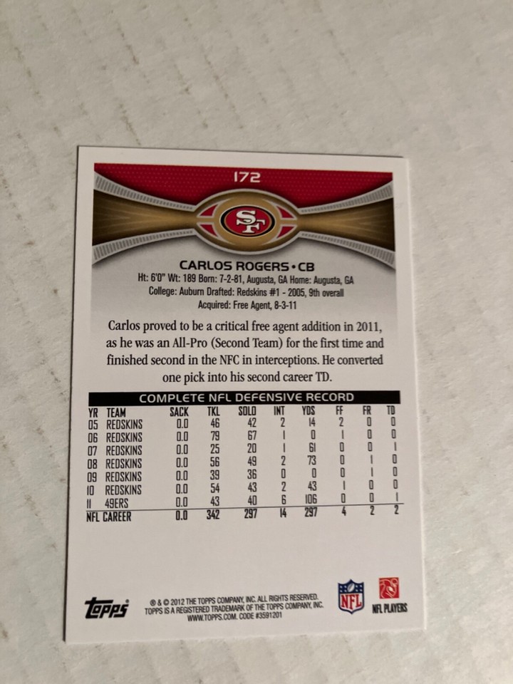 San Francisco 49ers auburn tigers Carlos rogers 2012 football card see ...
