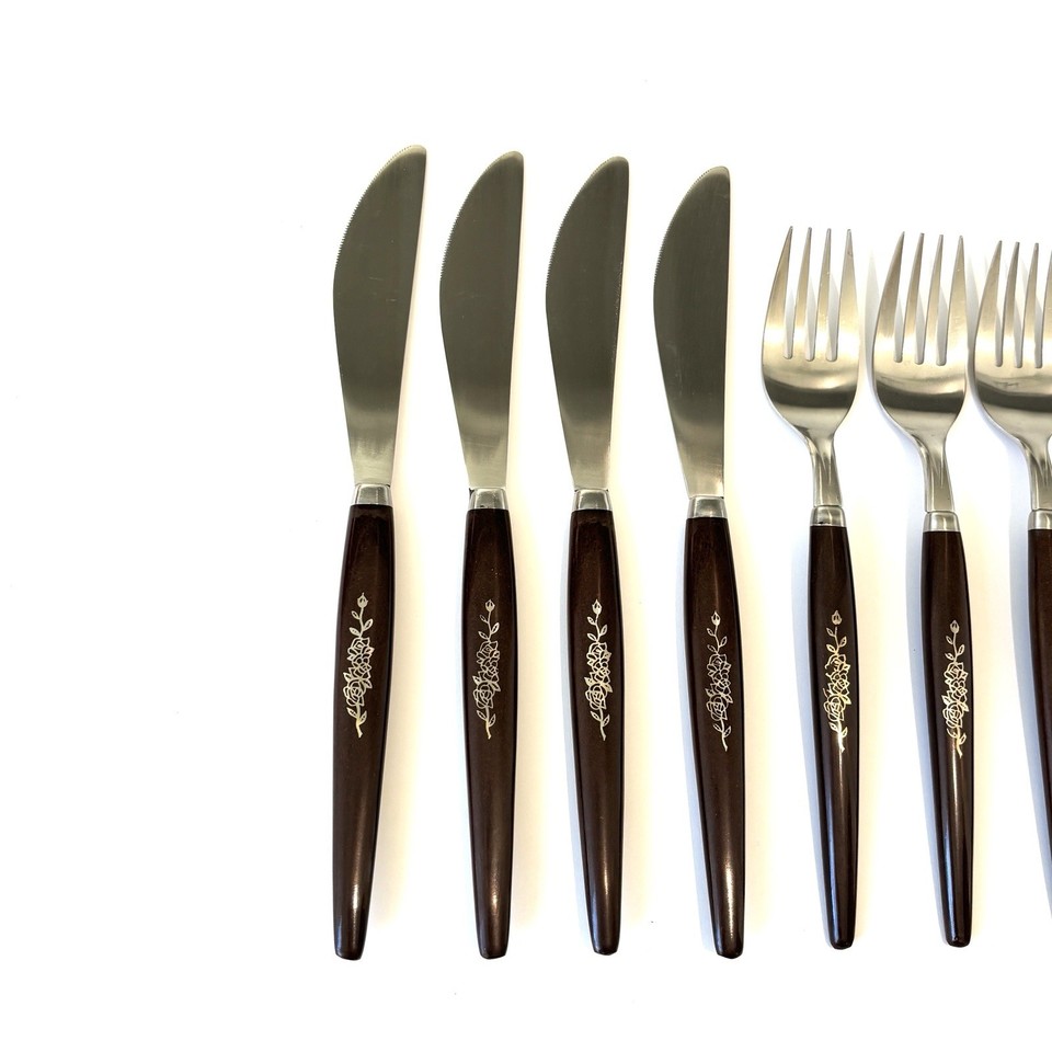 MCM Stainless Steel & Faux Wood Flatware Brown Handle Japan NOS Danish ...