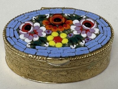 Vintage Micro Mosaic Oval Floral Gold Multicolored Italy Pill Stash Box ...