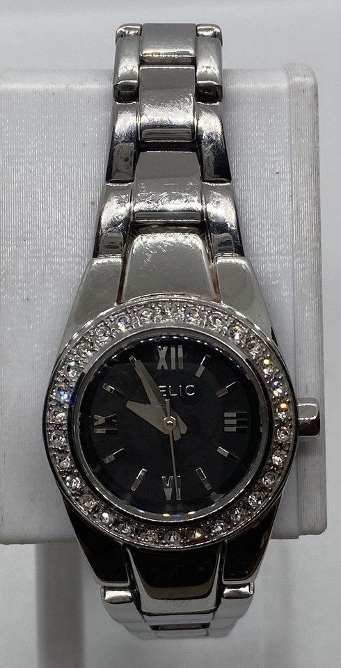 RELIC LADIES WATCH New Battery Black Iced Dial Silver Band Fits 6-1/2 ...