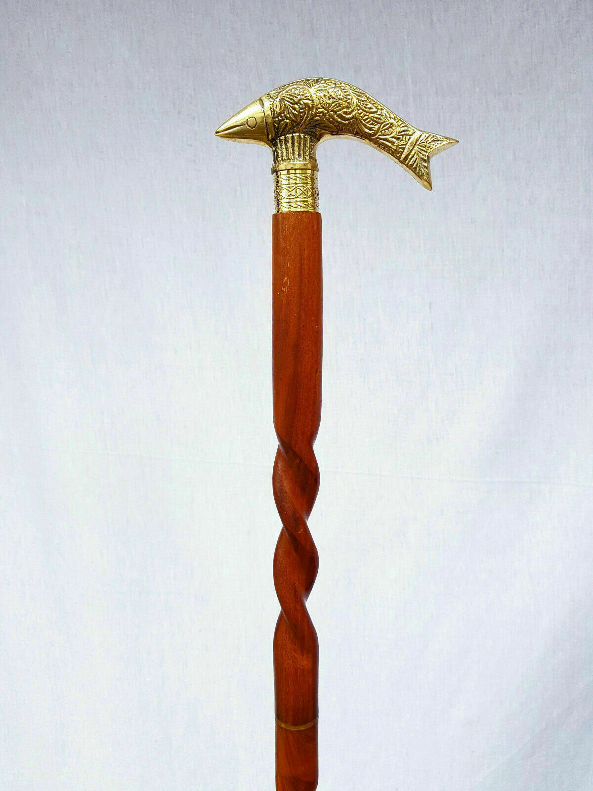 Victorian Brass Fish Handle Walking Stick Antique Woo… - Gem