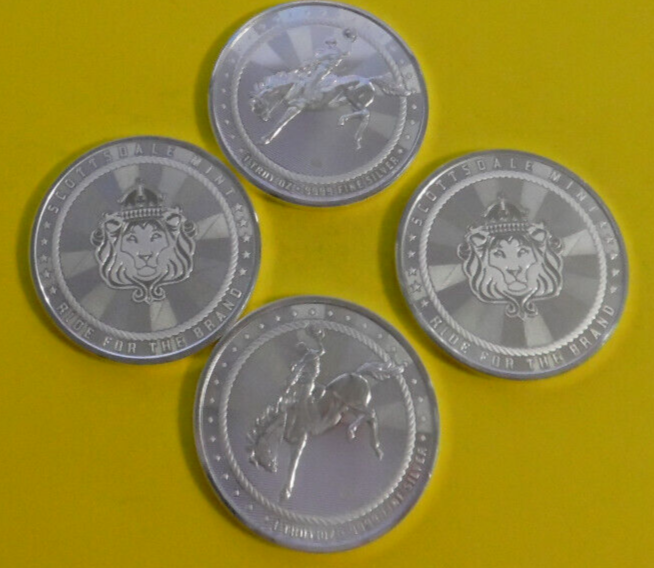 FOUR 1 Troy oz Each .9999 Silver Cowboy Rounds w/ Buffalo Privy ...