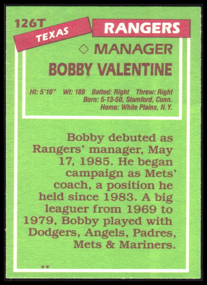 1985 Topps Traded Bobby Valentine #126T Texas Rangers 5K | eBay