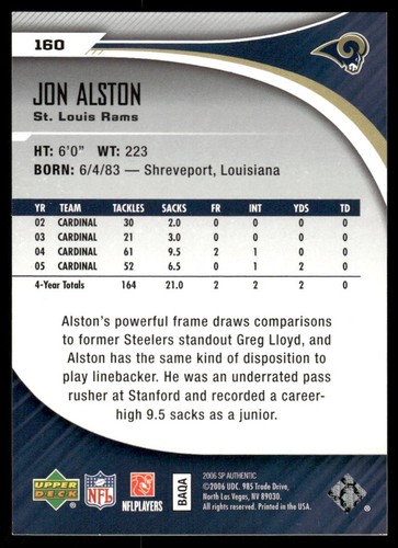 Jon Alston Rookie 2006 SP Authentic #160 #/1399 47245 | eBay