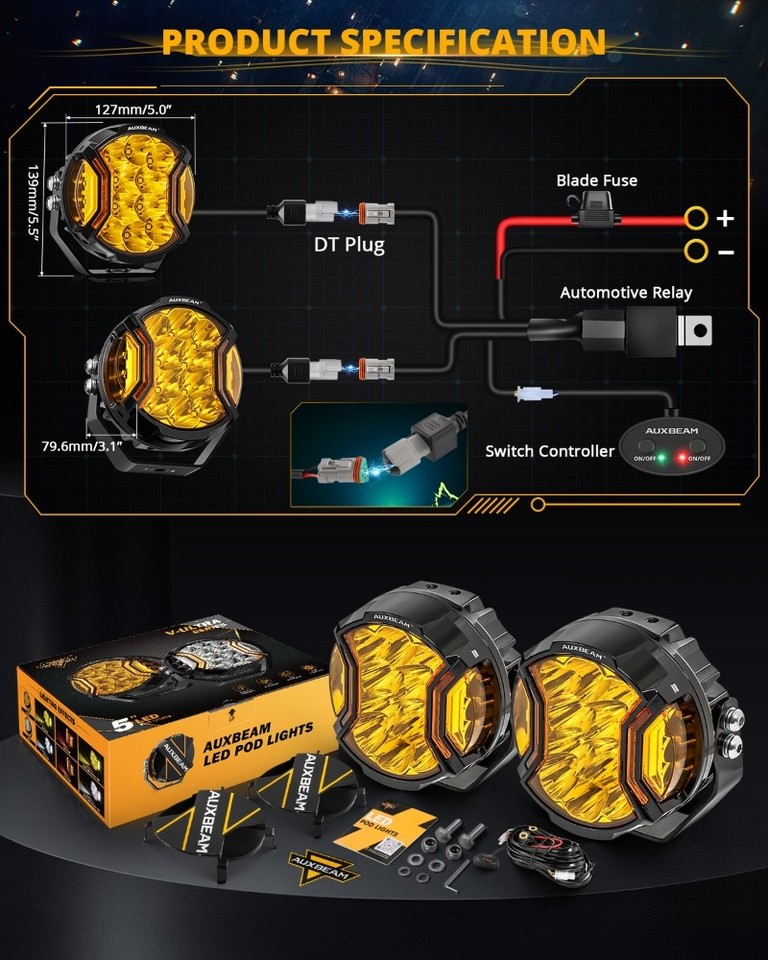 AUXBEAM V-ULTRA 5 Inch 172W LED Side Shooter Amber/White Pod Lights w ...