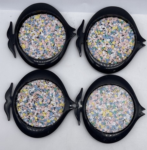 Vintage Black Angel Fish Coasters Set With Melted Popcorn Inserts Pink ...