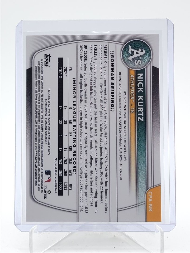 NICK KURTZ 2025 BOWMAN CHROME AUTOGRAPH TRUE GOLD A'S AUTO /50 Q4534 | eBay