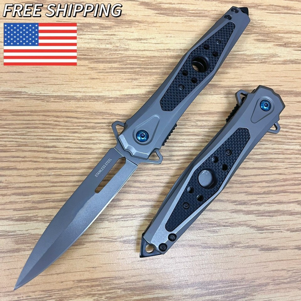 9"BLACK Spring Assist Quick Open EDC Tactical Folding Pocket Knife ...