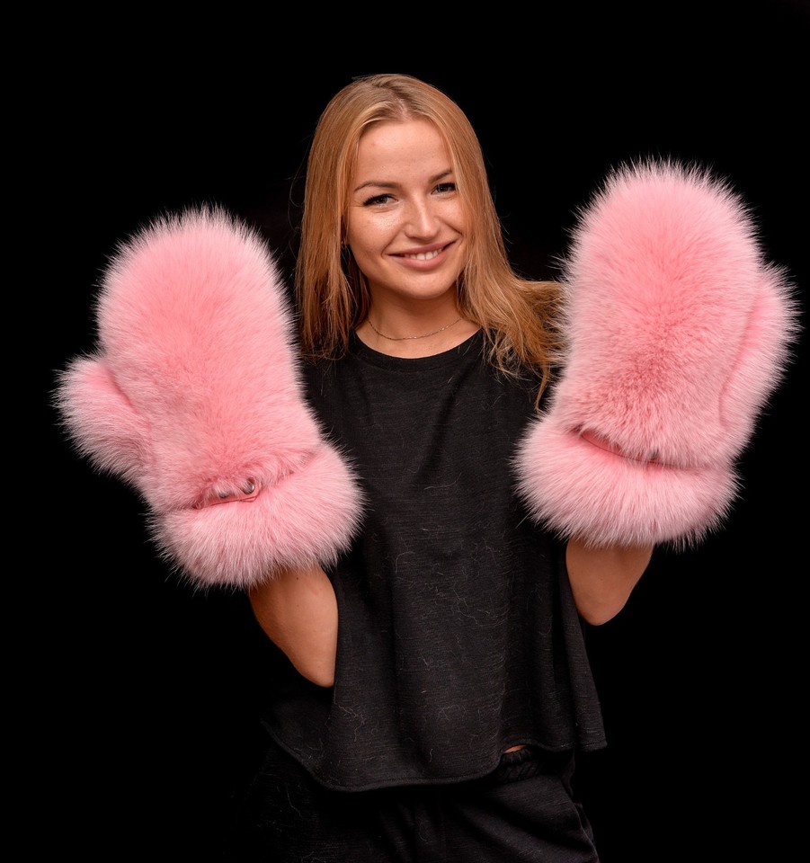 Genuine Saga Furs Flamingo Pink Arctic Shadow Fox Fur Handmade Mittens ...
