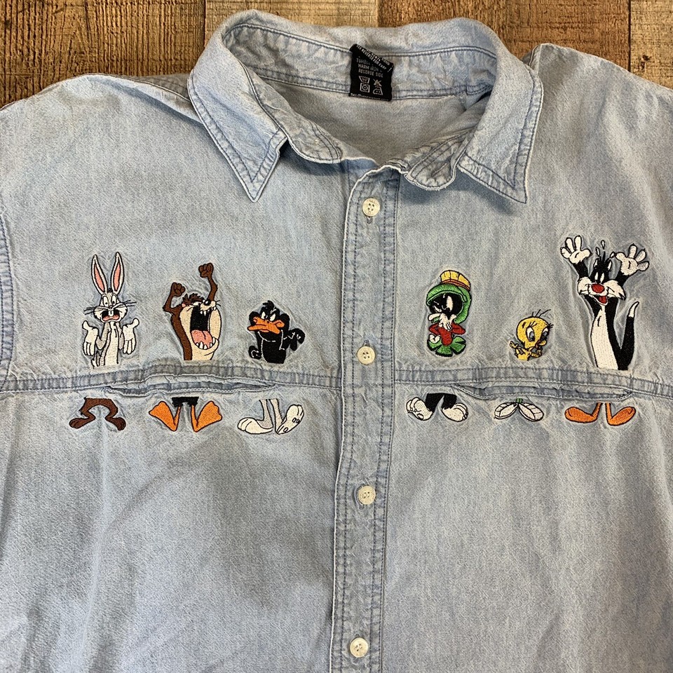 VTG 90s Warner Bros Studio Looney Tunes Button Down Chambray Top Adult ...