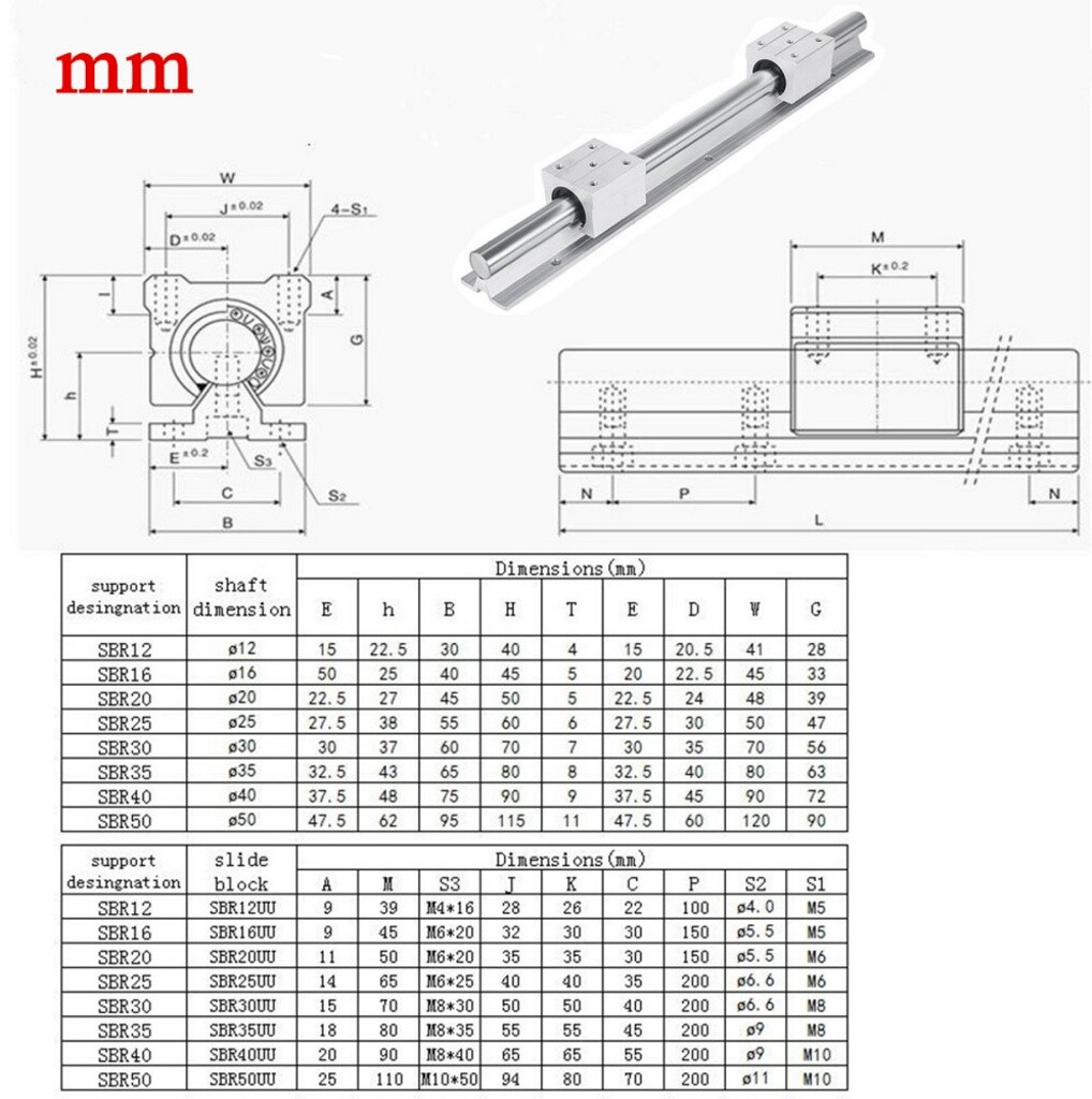 SBR16 Linear Rail Guide 300-1500mm Slide Shaft Rod Set 4X SBR16UU ...