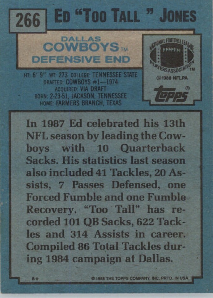 1988 Topps Football #266 Ed "Too Tall" Jones Dallas Cowboys | eBay