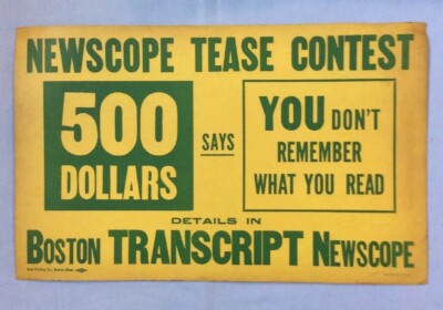 Vintage Boston Transcript Window Poster Used 10 X 16 Inches 1940 ...