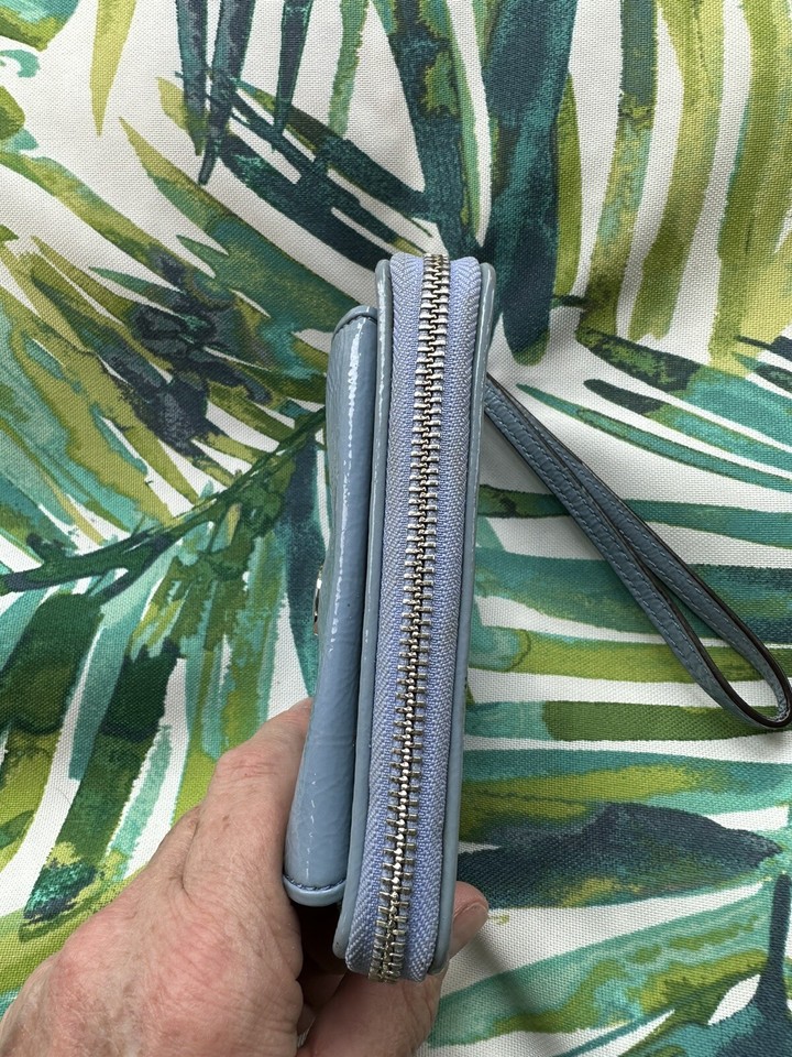 COACH SKY BLUE PATTEN LEATHER WRISTLET ID/CC/COINS/BILLS FULL ZIP SNAP ...