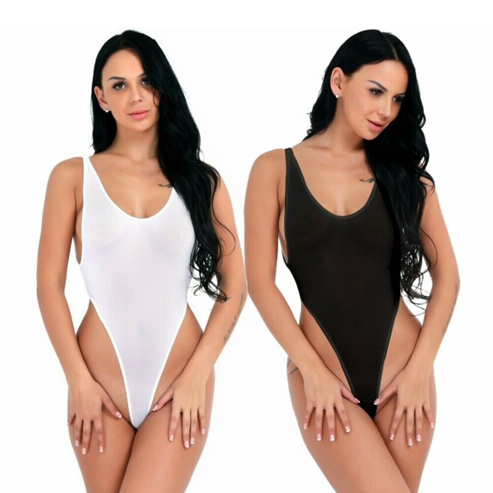 Women Sexy Sheer See Through One Piece High Cut Bodysuit Thong Swimsuit