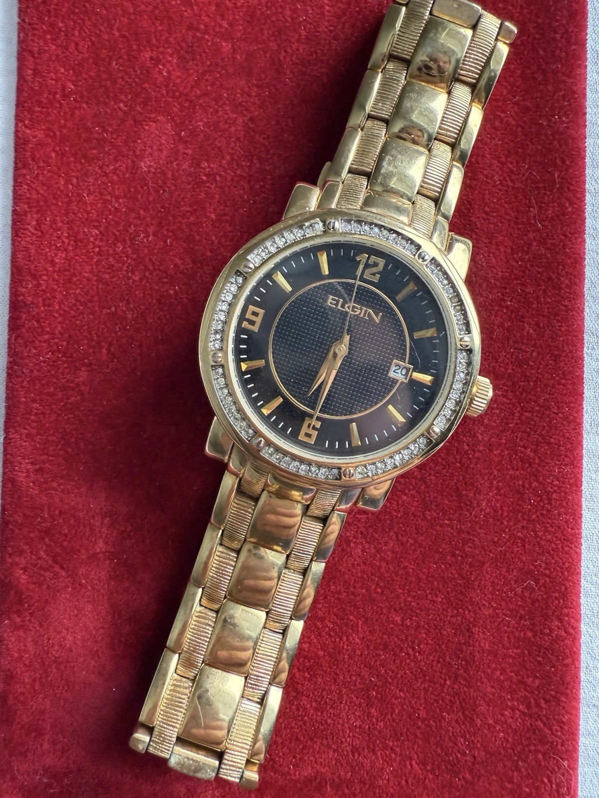 Elgin Mens Watch 40mm Black Gold Tone Crystals FG1998 Date New Battery ...