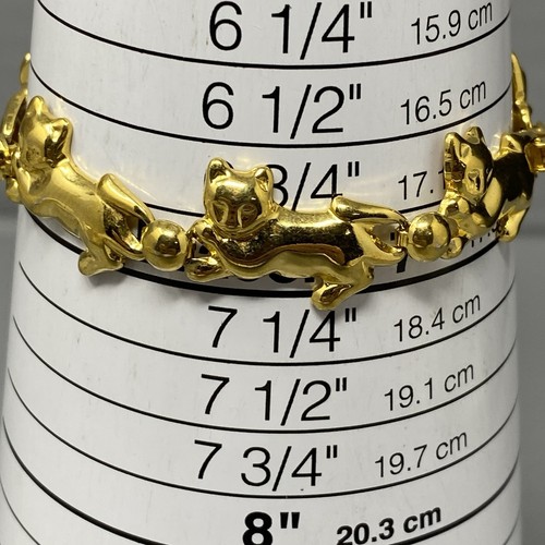 Cat Chain Link Bracelet Shiny Gold Tone Playing Ball Fold Over Animal ...