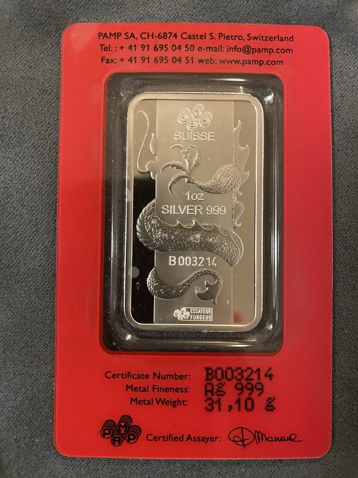 2012 PAMP Suisse Lunar Year of the Dragon 1 oz Fine .999 Silver Bar ...