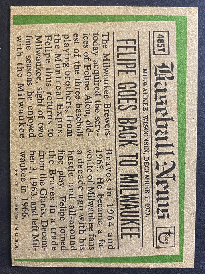 Felipe Alou 1974 Topps Traded Baseball Card Milwaukee Brewers #485T | eBay
