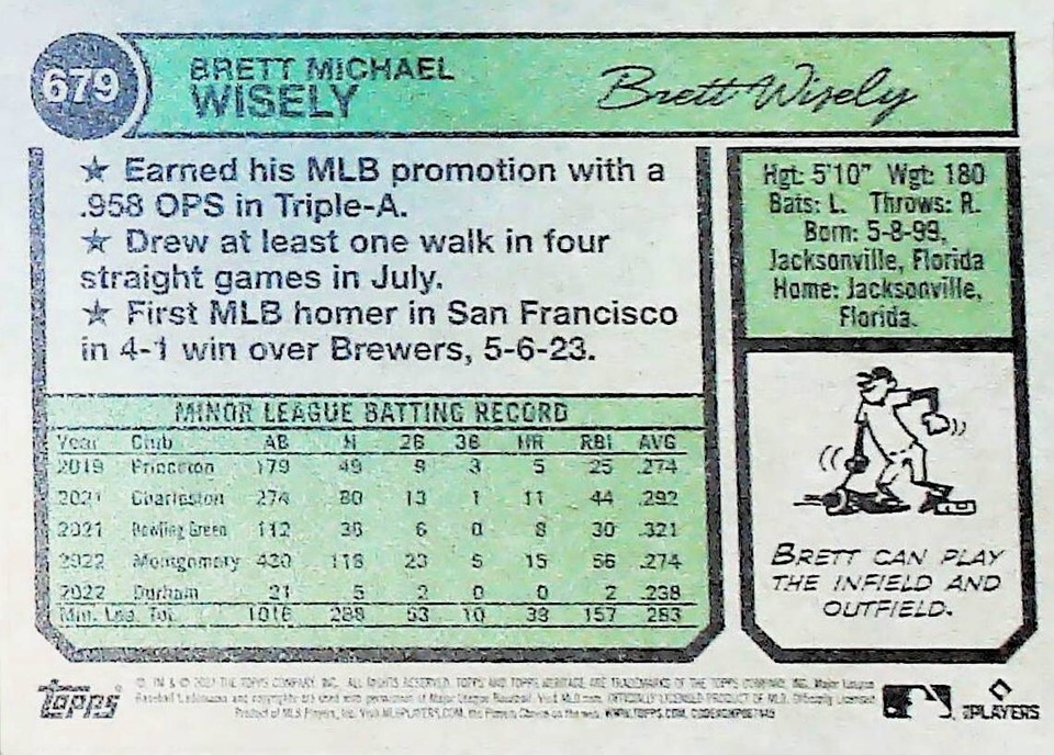 2023 TOPPS HERITAGE HIGH NUMBER #679 BRETT WISLEY ROOKIE GIANTS FREE ...