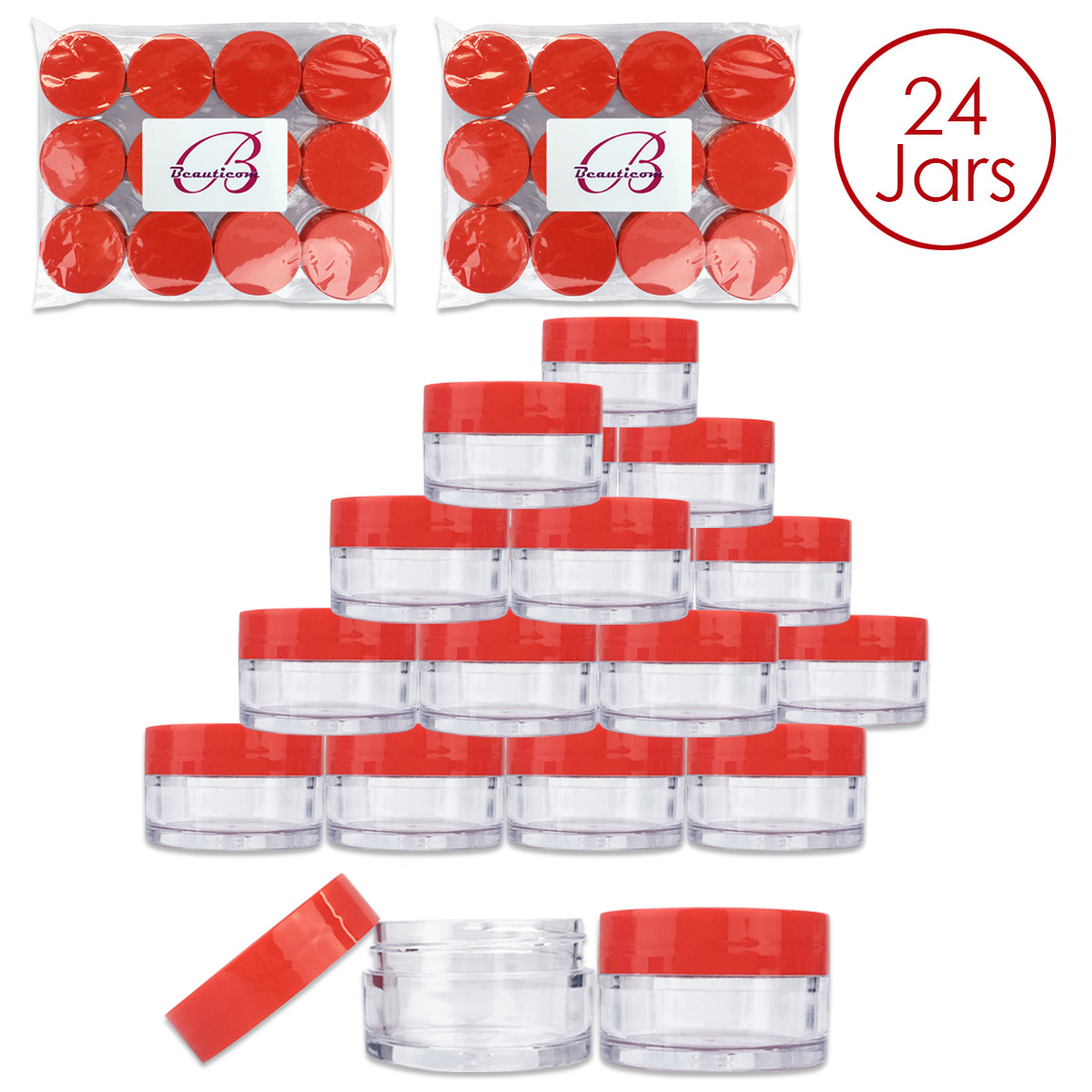 Beauticom® (24PCS) 20G/20ML Round Clear Plastic Refill Jars with Red ...