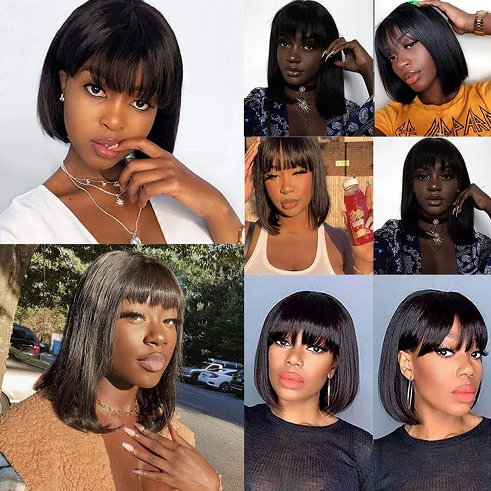 Straight Human Hair Bob Wig With Bangs Realistic Fake Lace Scalp ...