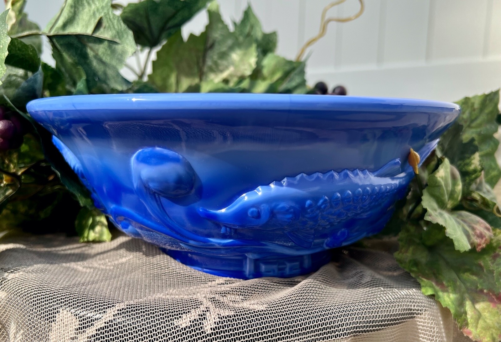 RARE Fenton**MARBLED PERIWINKLE BLUE ATLANTIS KOI FISH BOWL**1990's ...