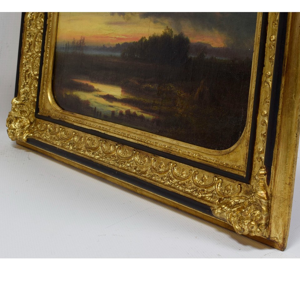 19th century Old oil painting landscape with setting sun 24 x 16.5 in ...