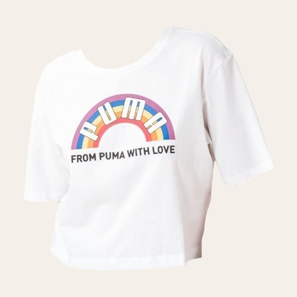 PUMA Pride Rainbow Graphic Crop Tee White Logo T-Shirt L NWT LGBTQ ...