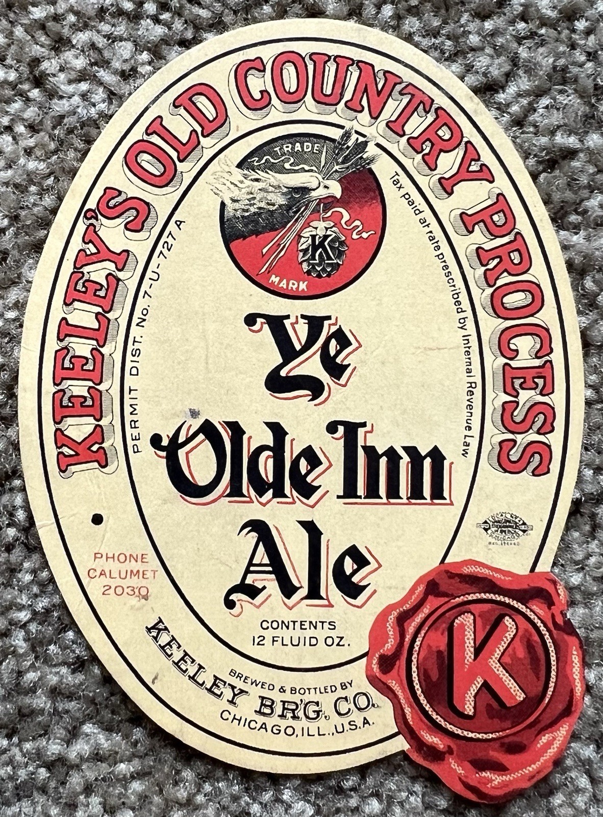 IRTP U# Ye Olde Inn Ale Beer Label. Keely Brewing Co., Chicago ...