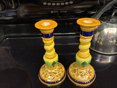 Pair of Vintage 1692 Cellini Italy Candlesticks, Hand-Painted Ceramic ...