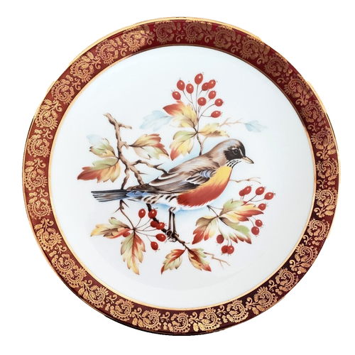 Vintage Limoges France Red Robin Bird Gold Encrusted Burgundy Rim 9 1/2 ...