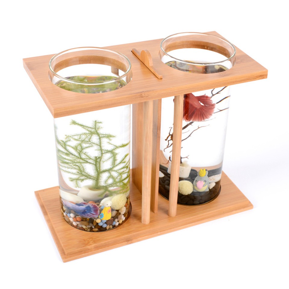 Glass Betta Fish Tank Bamboo Base Mini Aquarium Fish Tank For Desktop ...