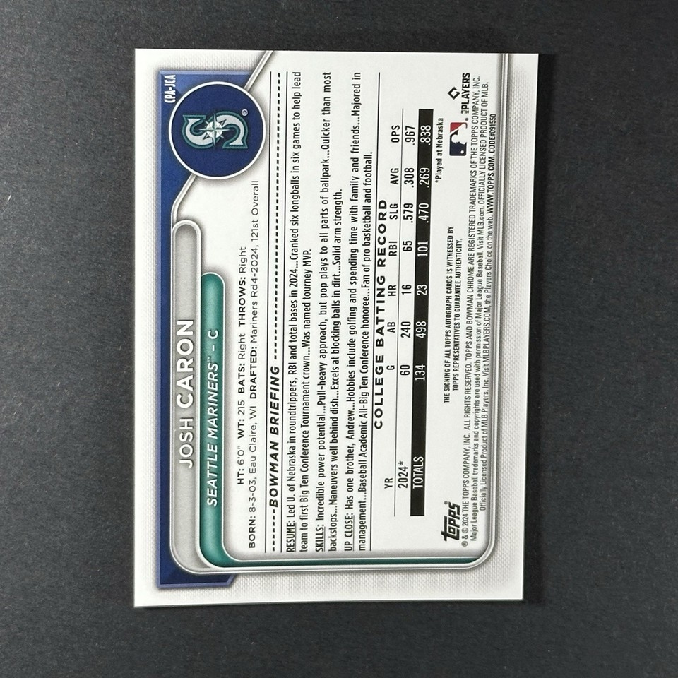 2024 Bowman Draft Chrome Josh Caron True Green Auto /99 Seattle ...