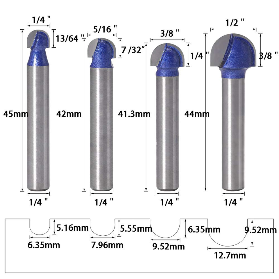 Wolfride 4Pcs Core Box Router Bit 1/4 Inch Shank round Nose Cove Box ...