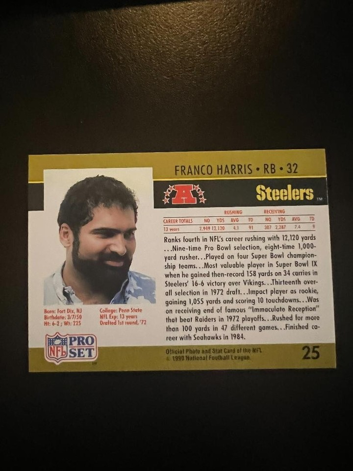 1990 Pro Set Franco Harris #25 HOF PITTSBURGH STEELERS *FREE SHIPPING ...