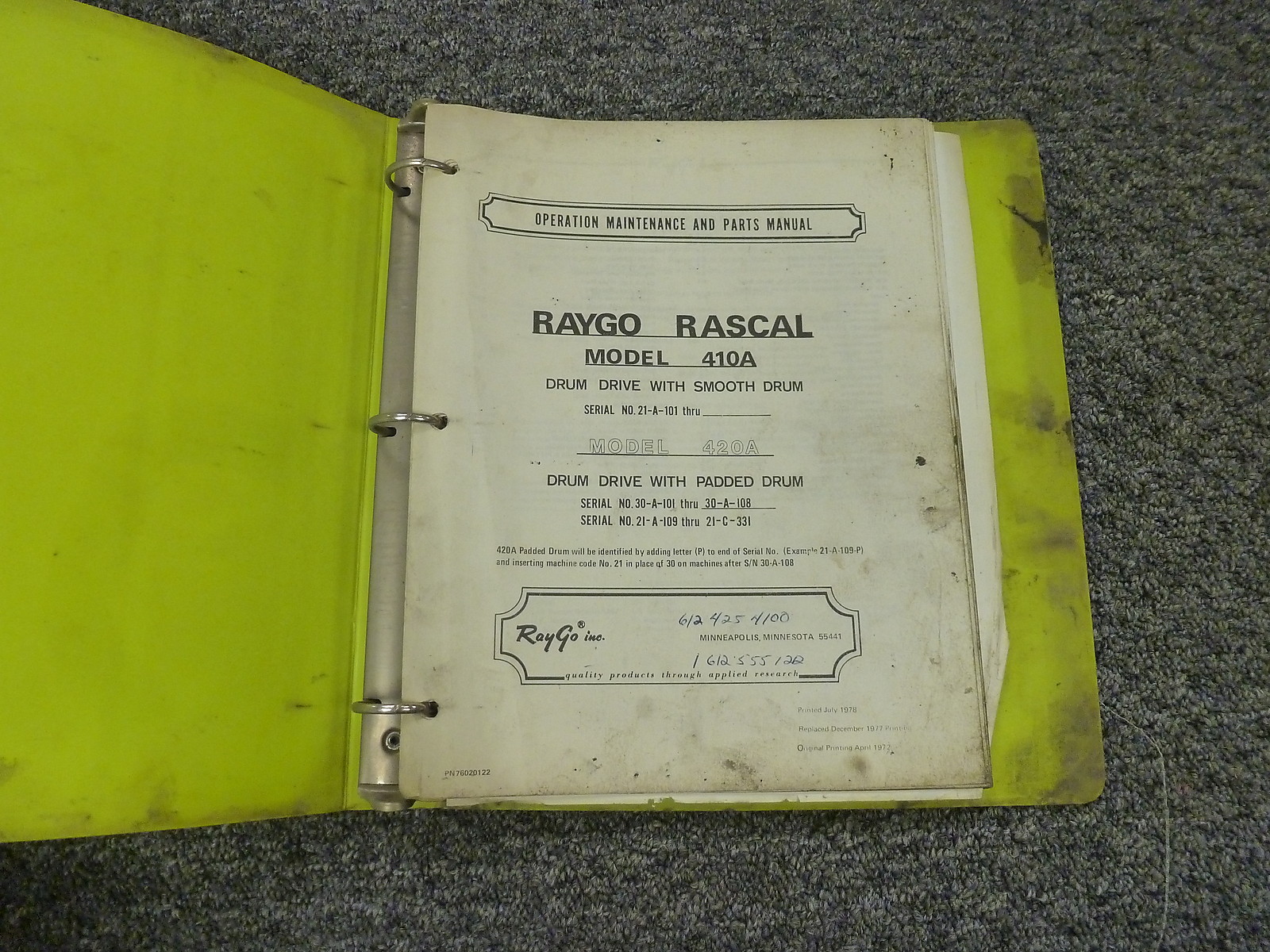 Raygo 410A Drum Drive with Smooth Drum Parts Catalog Owner Operator ...