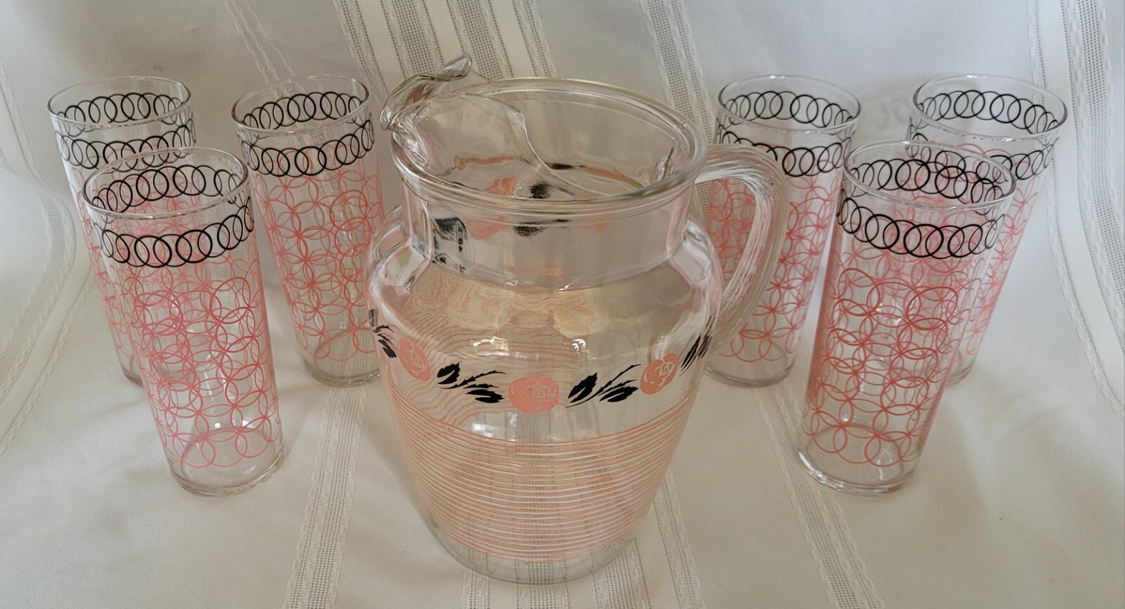 Vtg MCM Anchor Hocking Pink Rose Black Leaf Wavy Lines Pitcher & 6 ...