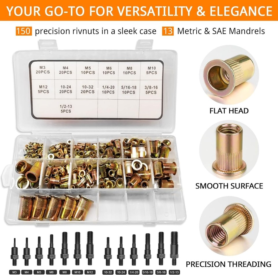 Rivet Nut Tool - 16” Rivnut Tool Kit with 13 Metric & SAE Mandrels, 150 ...