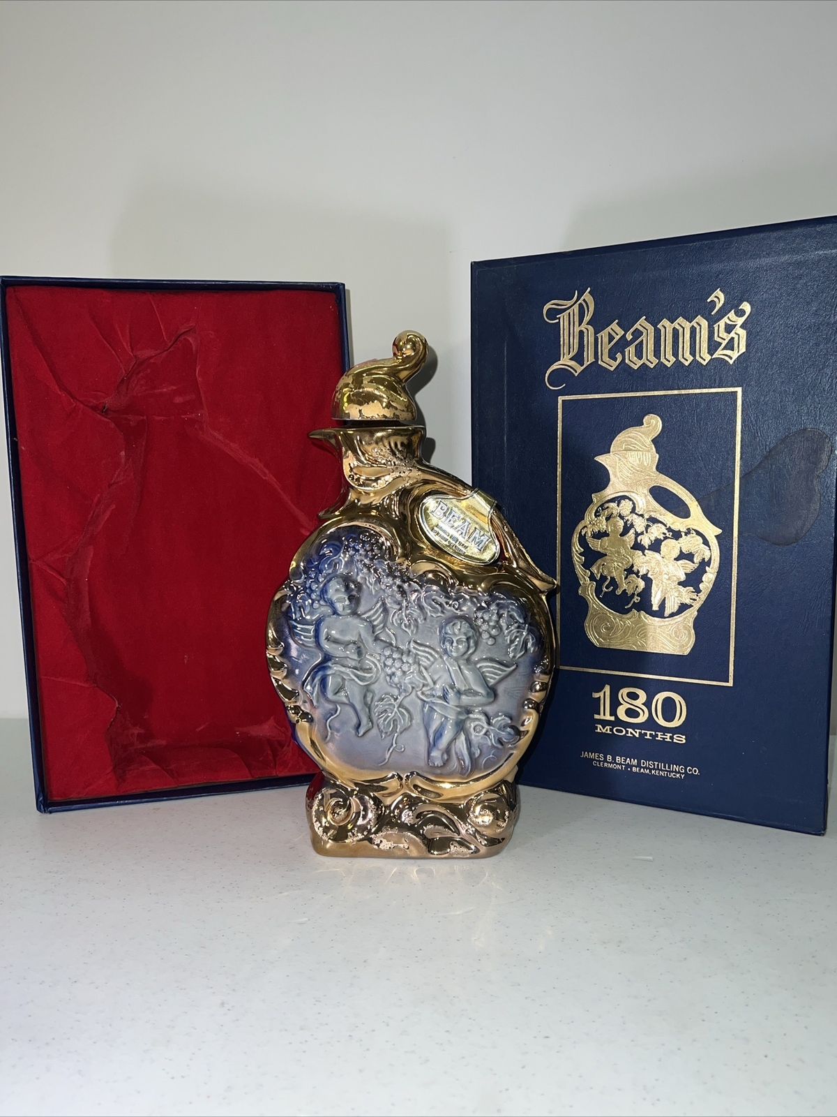 1974-Jim Beam's Blue & Gold Cherub Angels On Grape Vines Decanter-EMPTY ...