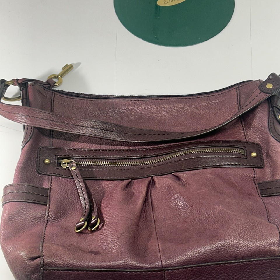 Women's Fossil Plum Leather Handbag Shoulder Bag Soft Brass Zipper ...