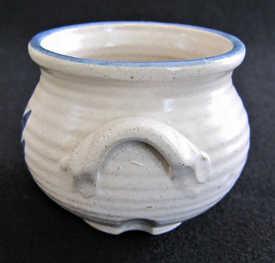 Small Stoneware Two-Handled Pot Blue Flower on Cream 4” Wide Mahon Made ...