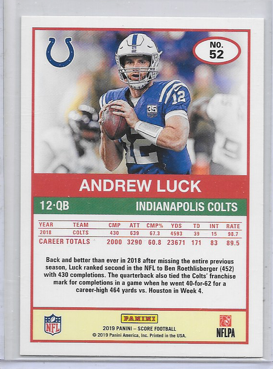 2019 Andrew Luck Insert Scorecard Score Football Card #52 Indianapolis ...