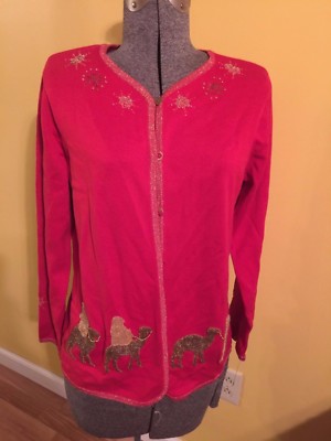 QUACKER FACTORY RED GOLD NATIVITY CHRISTMAS MANGER CARDIGAN SWEATER ...