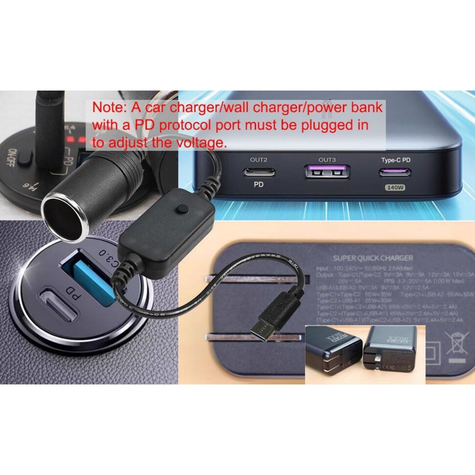 USB Type C to 12V Car Cigarette Lighter Converter Female Socket Adapter ...