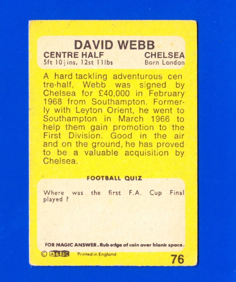1968-69 A&BC CHELSEA David Webb #76 Crease-free Set Break S&H Comb'd | eBay